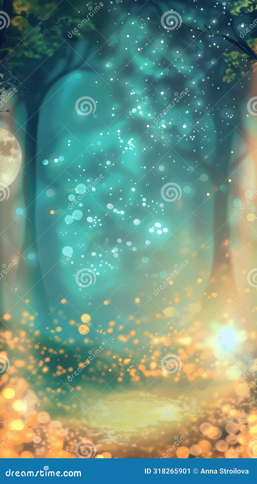 Vertical Backdrop of Enchanted Forest and Fireflies, Blurred, Includes ...
