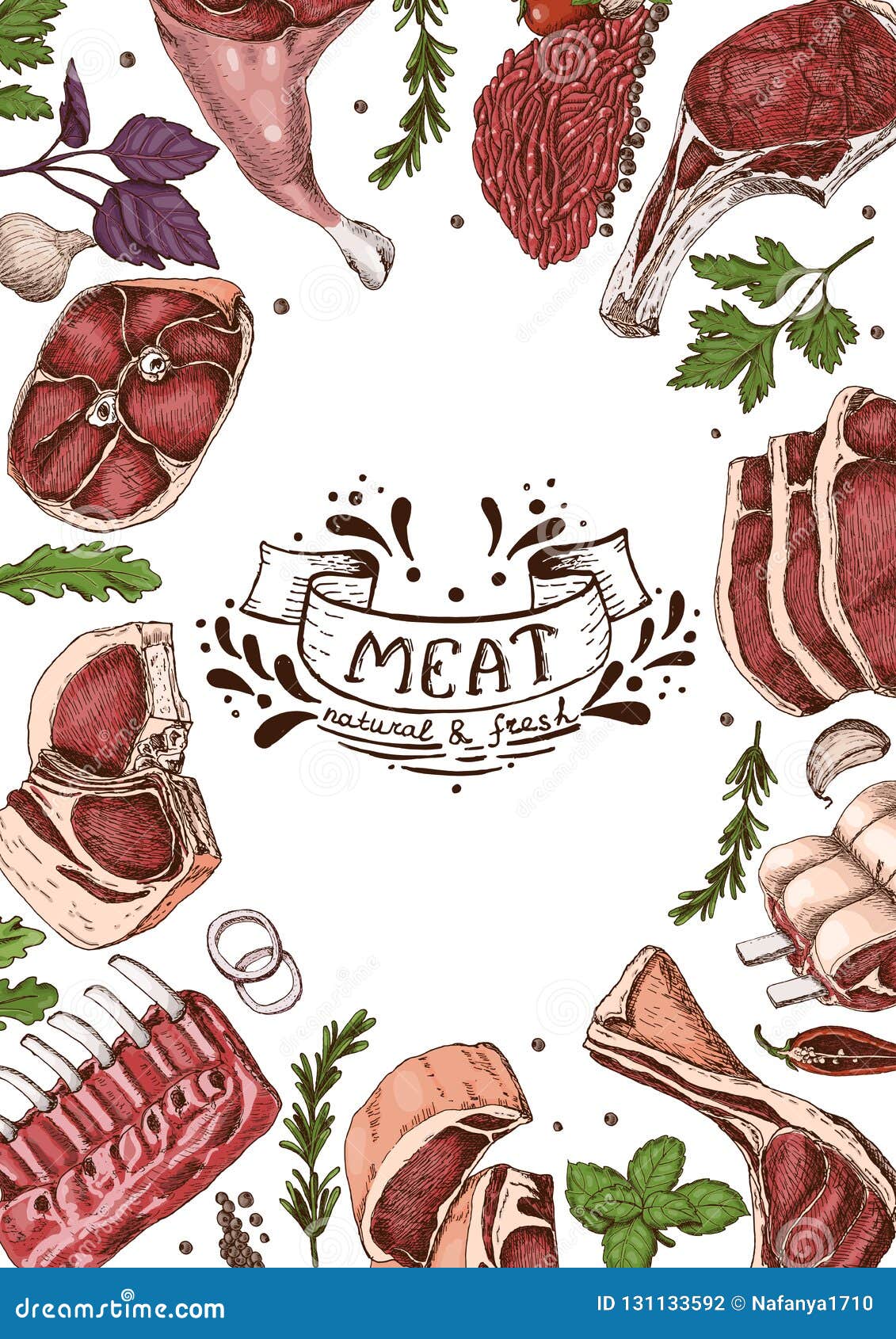 Vertical Background with Different Color Meats in Sketch Style. Stock ...