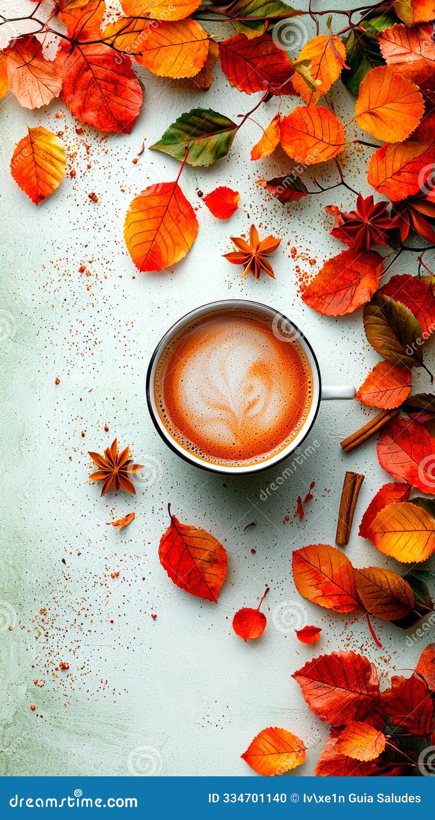 A Vertical Banner of a Top View of a Coffee Cup with Fall Foliage on ...