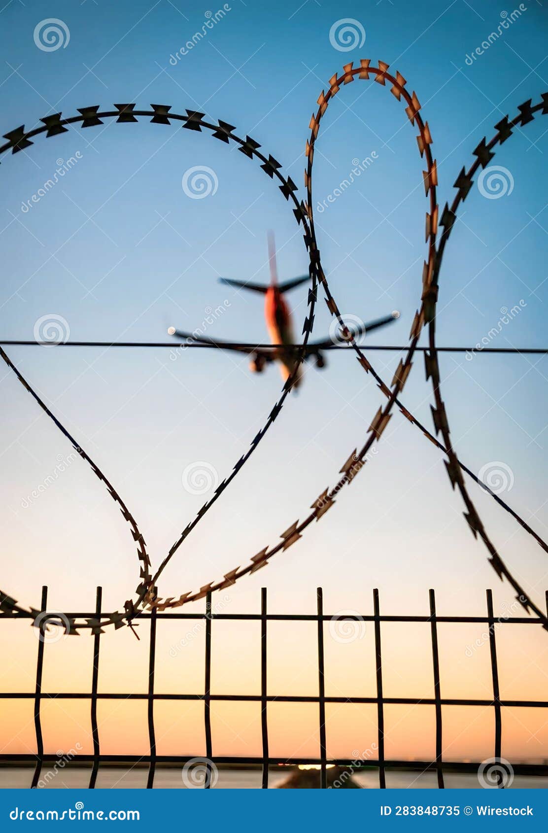 Vertical of a Barbed Wire Fence with a Background of a Plane Taking Off ...