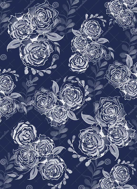 Vertical Blue Background with White Rose Patterns Stock Illustration ...