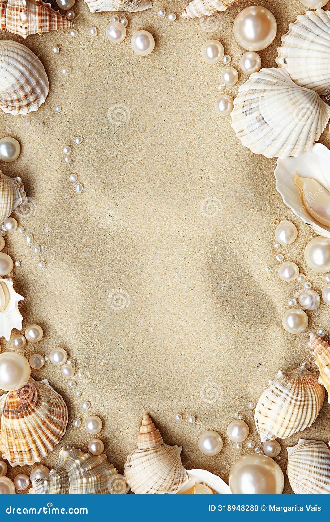 Vertical Border Frame Template of Various Shells and Pearls on Sand ...