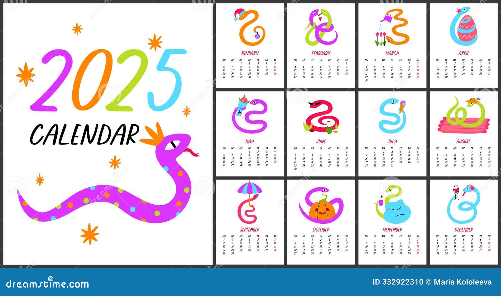 Vertical Calendar 2025. 12 Months with 12 Cartoon Snakes Characters ...