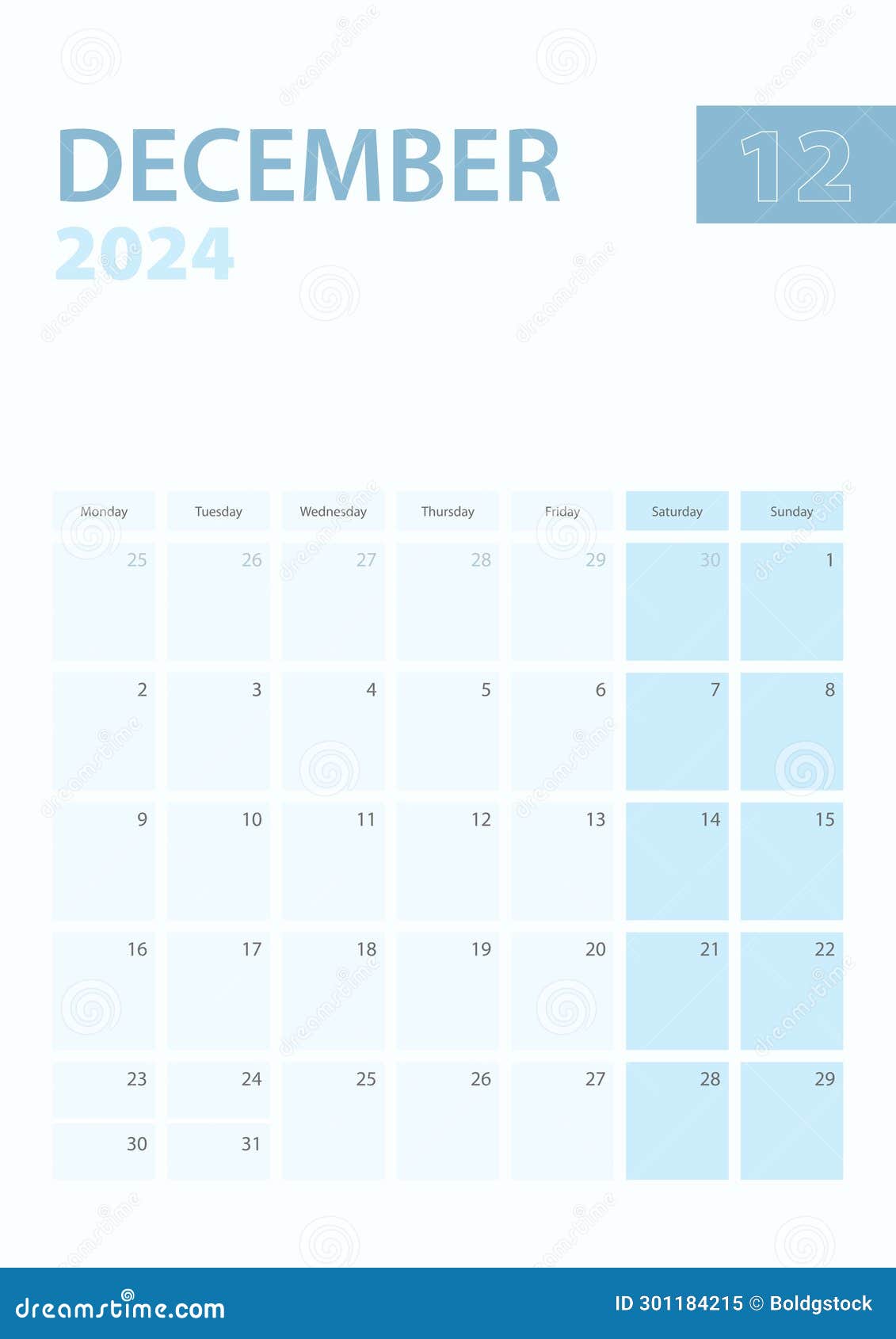 Vertical Calendar Page of December 2024, Week Starts from Monday Stock ...