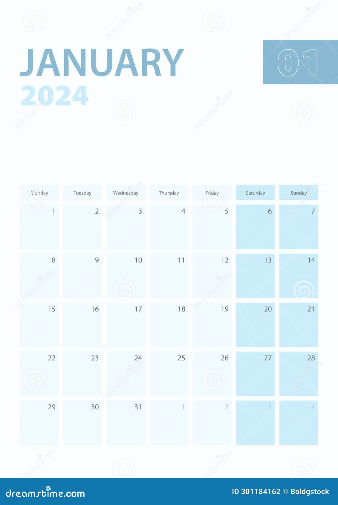 Vertical Calendar Page of January 2024, Week Starts from Monday Stock ...