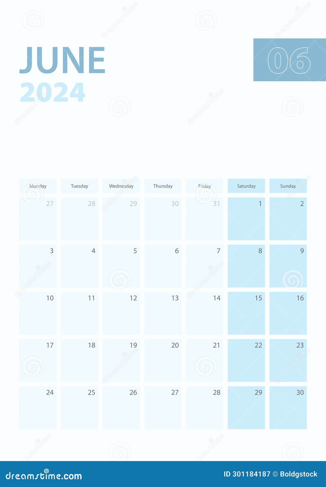Vertical Calendar Page of June 2024, Week Starts from Monday Stock ...