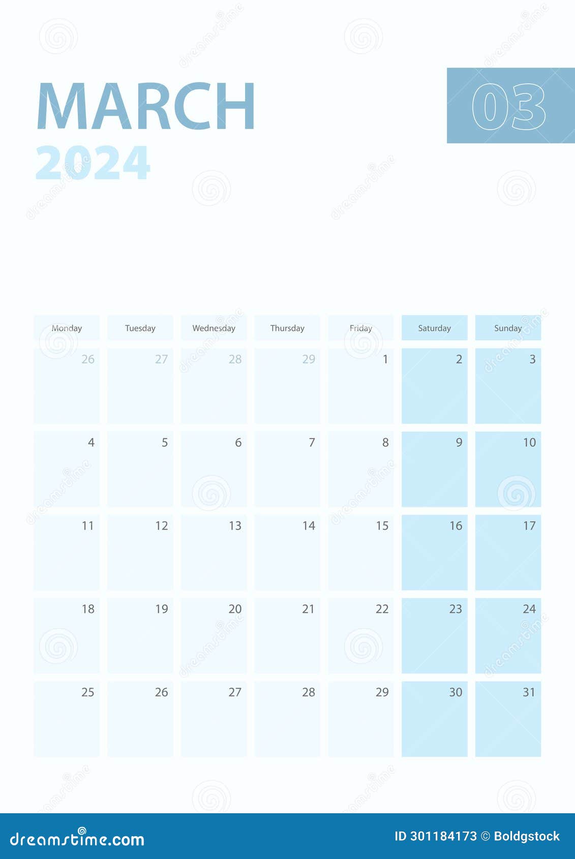 Vertical Calendar Page of March 2024, Week Starts from Monday Stock ...