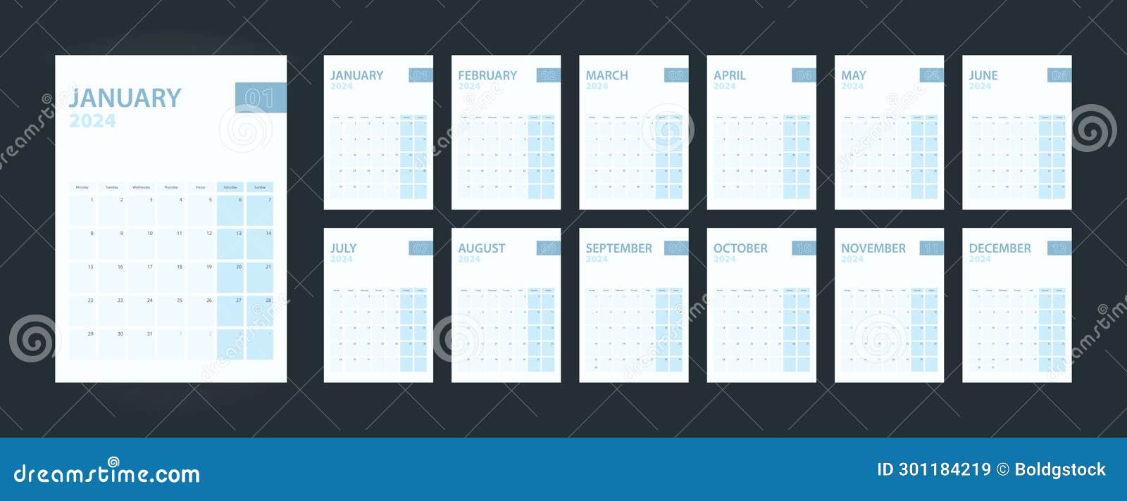 Vertical Calendar 2024, Set of 12 Pages of Calendar 2024 Stock Vector - Illustration of april ...