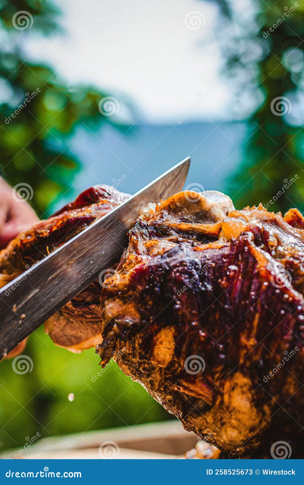 Vertical Close-up View of the Cooked Meat-cutting Process Stock Image ...