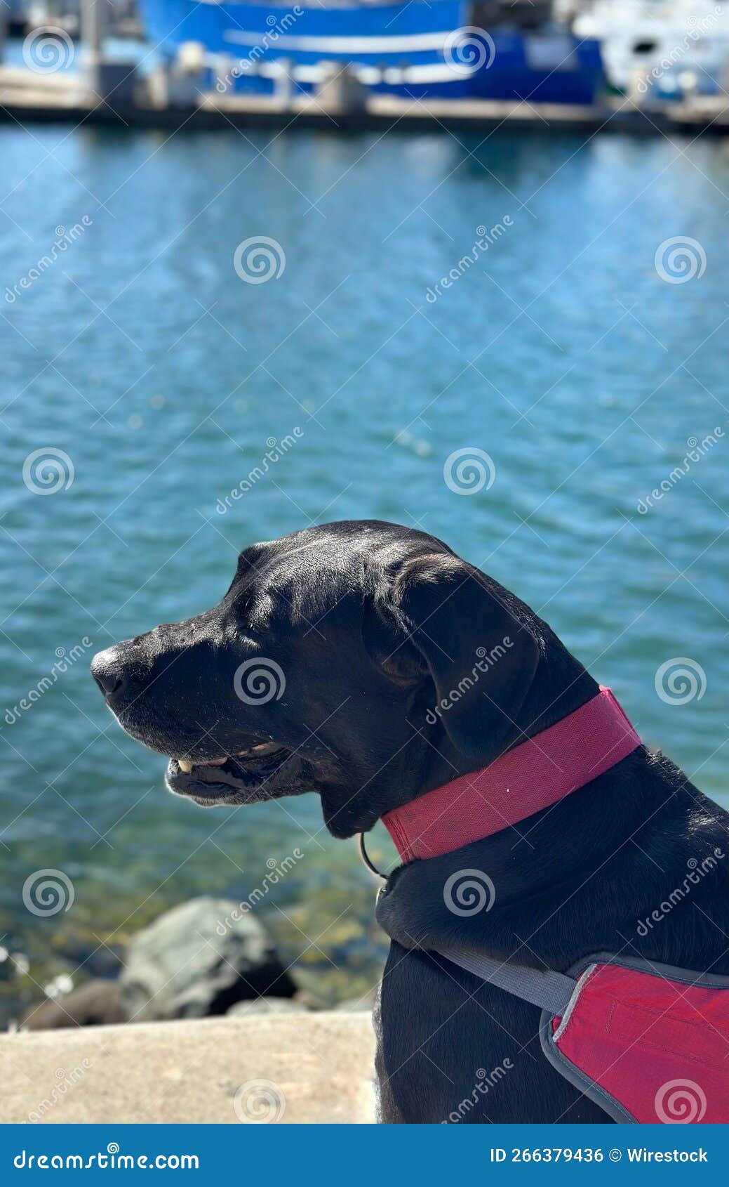 Vertical Closeup of a Black Labrador on a Dock Looking Aside Stock ...