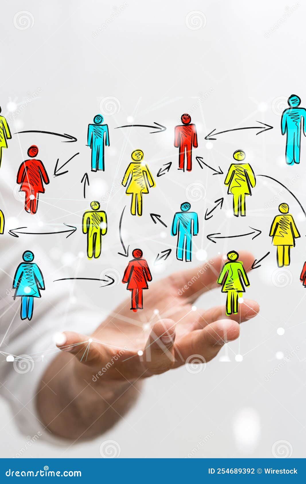 Vertical Closeup of a Hand with Colorful Hovering Human Icons. Stock ...