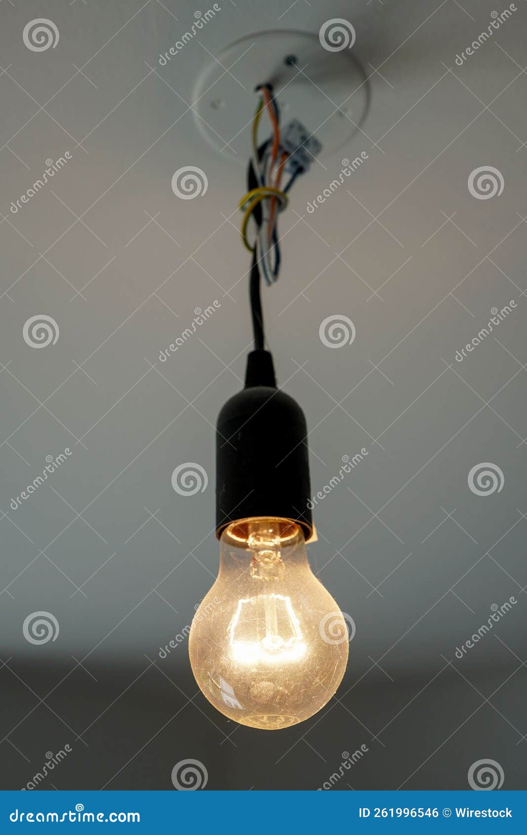 Vertical Closeup of a Light Bulb Hanging on a Ceiling at Home Stock ...