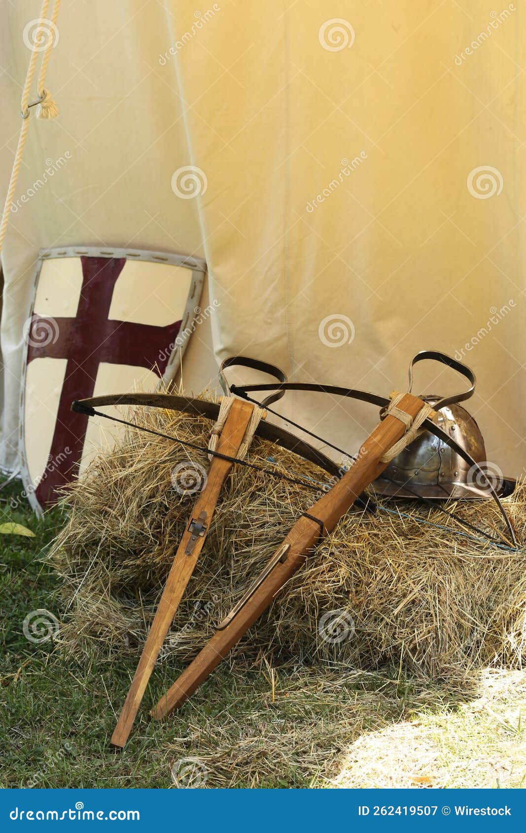 Vertical Closeup of the Medieval Crossbows with a Shield. Stock Image ...