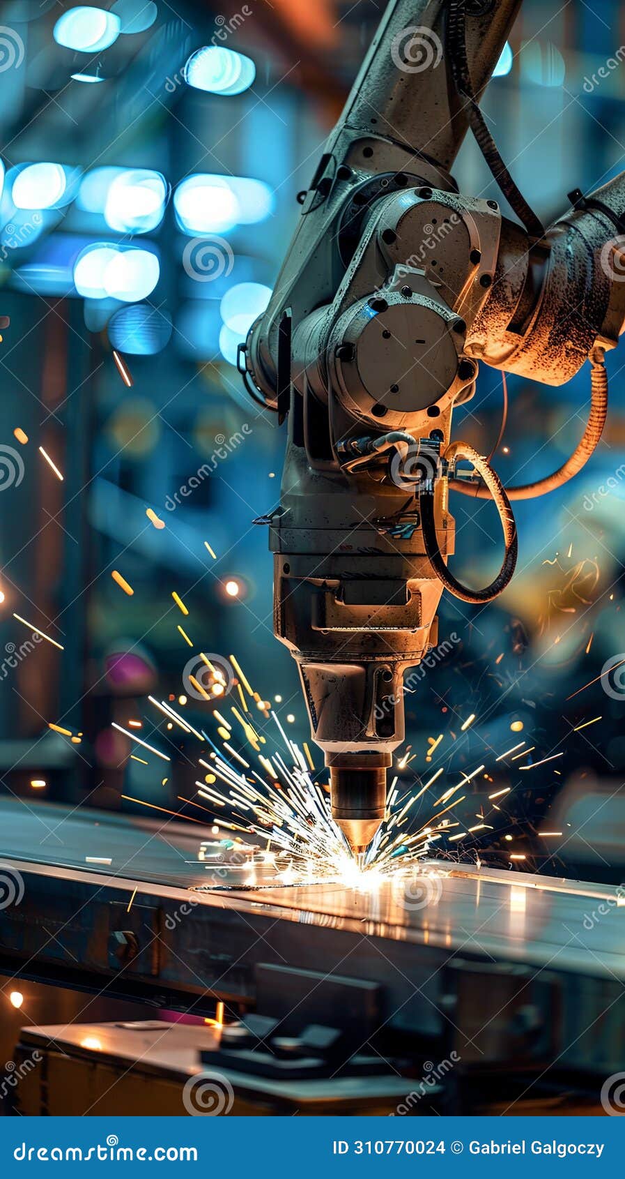 Vertical Closeup of Robot Arm Working in Factory Welding and Cutting ...