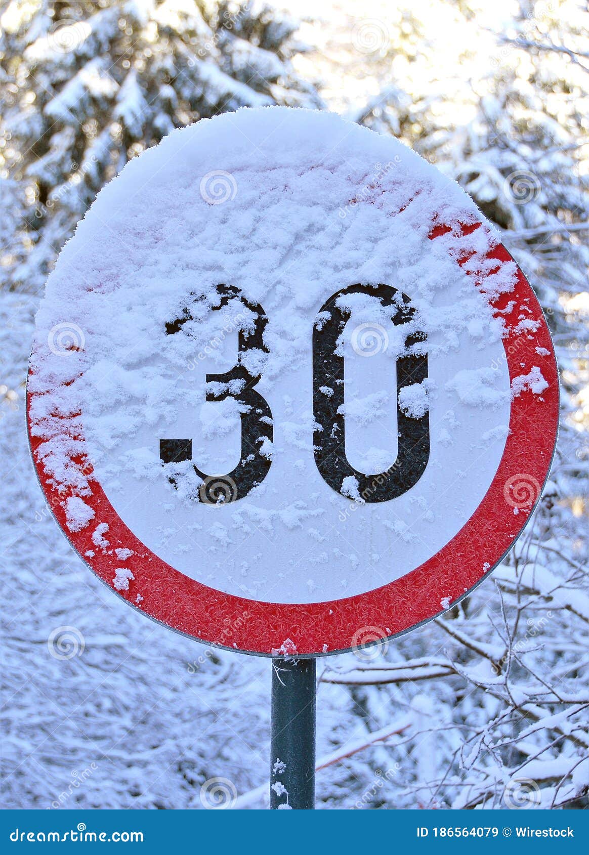 Vertical Closeup Shot of the Speed Limit Sign Covered in Snow Stock ...
