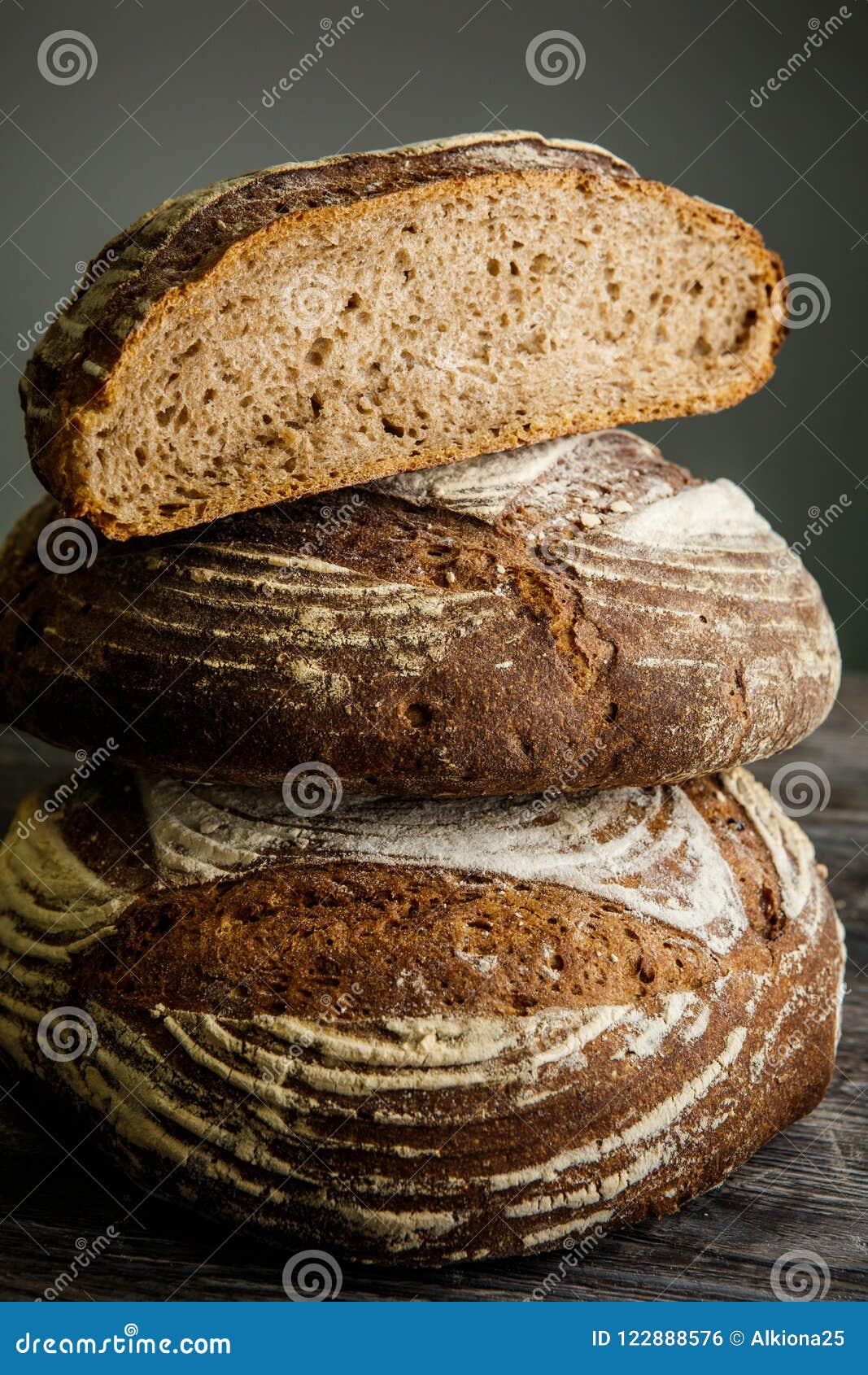 Vertical Closeup Three Pieces of Handmade Round Brown Rye Bread Stock ...