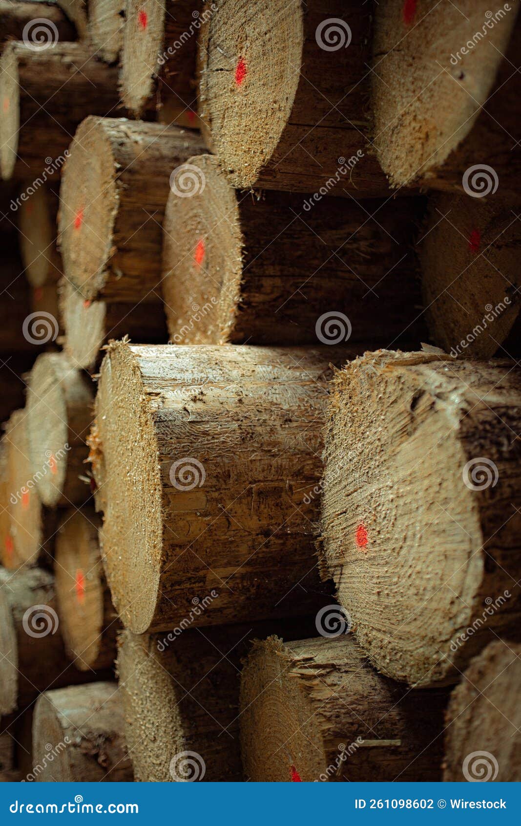 Vertical Closeup of Wooden Logs on a Stack Marked with Red Dots Stock ...