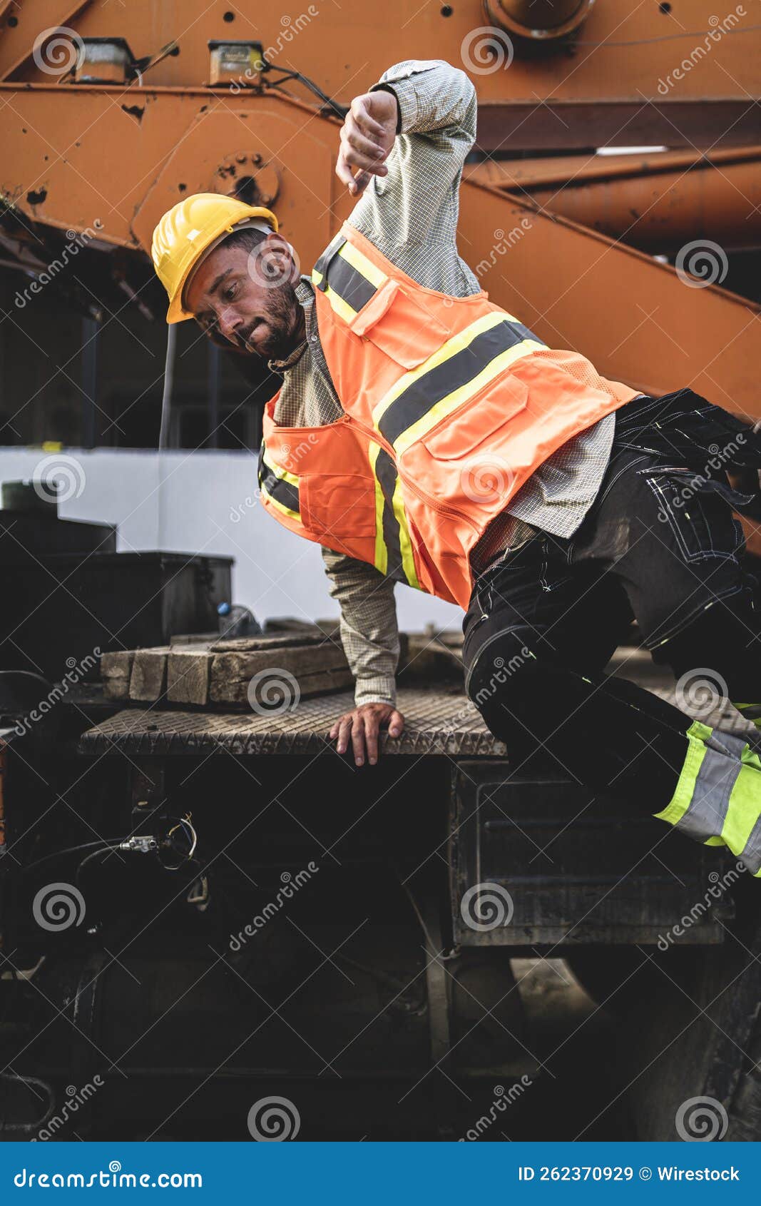 Vertical Closeup of the Worker Jumping from the Vehicle. Stock Image ...