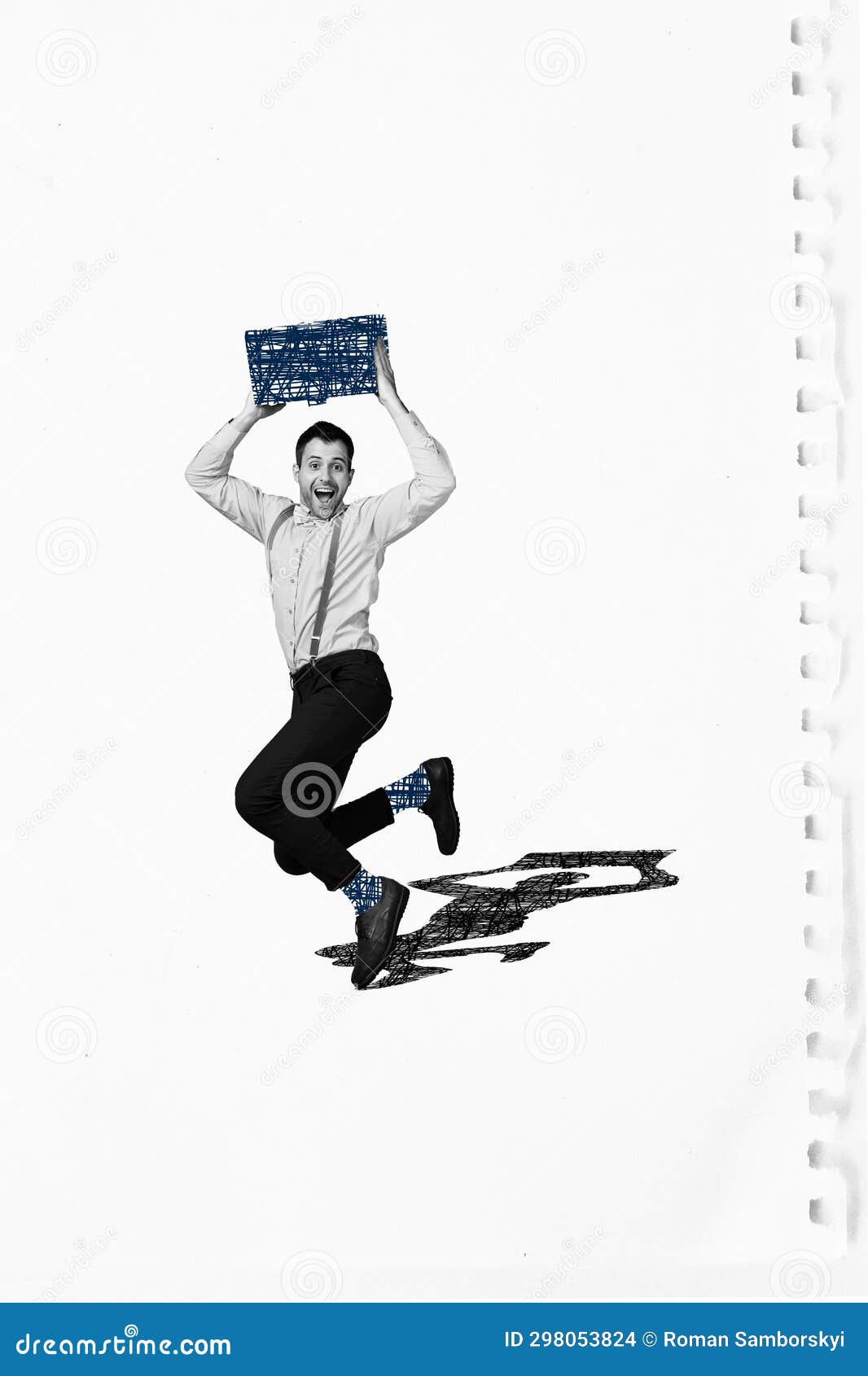 Vertical Collage Creative Picture of Funky Guy Gentleman Jumping Hold ...