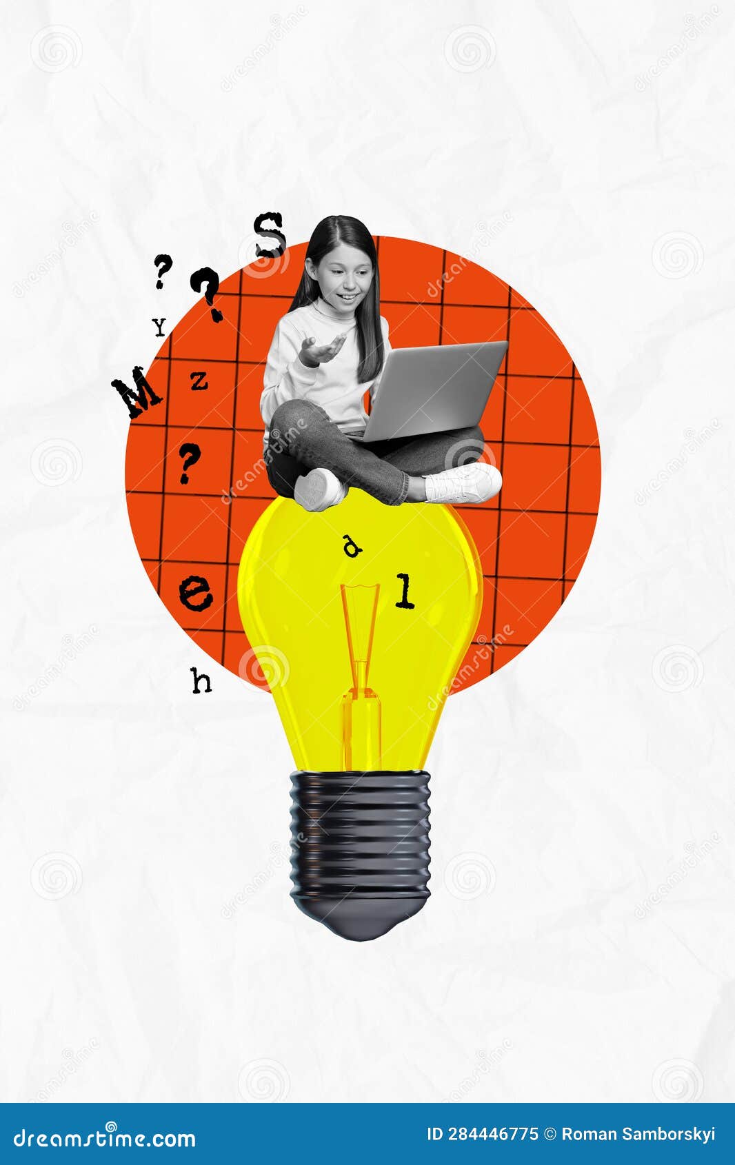 Vertical Collage of Diligent Little Funky Girl Remote Study with Laptop Lightbulb Find Solution ...