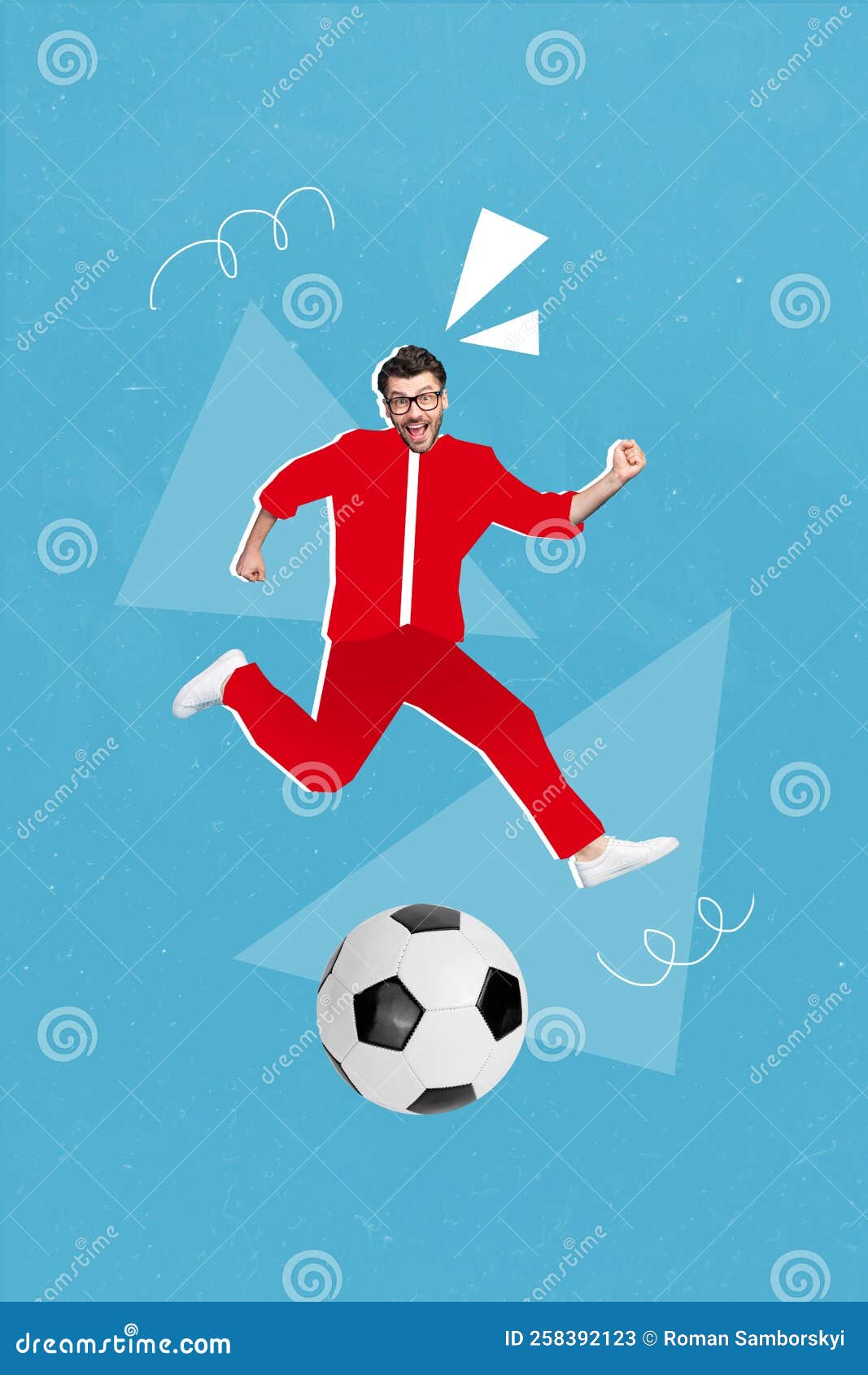Vertical Collage Illustration of Excited Overjoyed Guy Running Kick ... Vertical Collage Illustration of Excited Overjoyed Guy Running Kick ...
