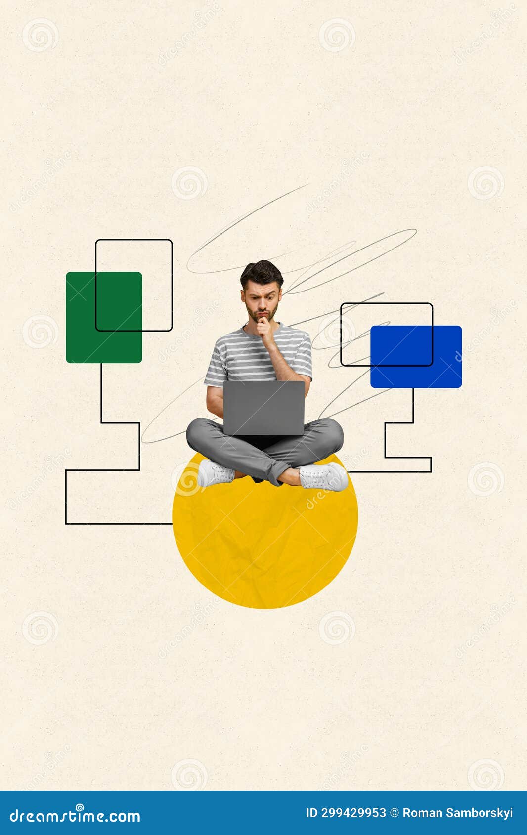 Vertical Collage Illustration Picture Sitting Thoughtful Young Guy ...