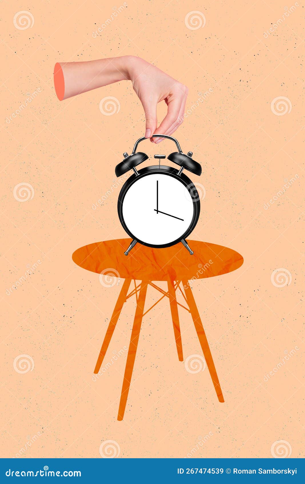 Vertical Collage Image of Arm Fingers Hold Retro Bell Ring Clock ...