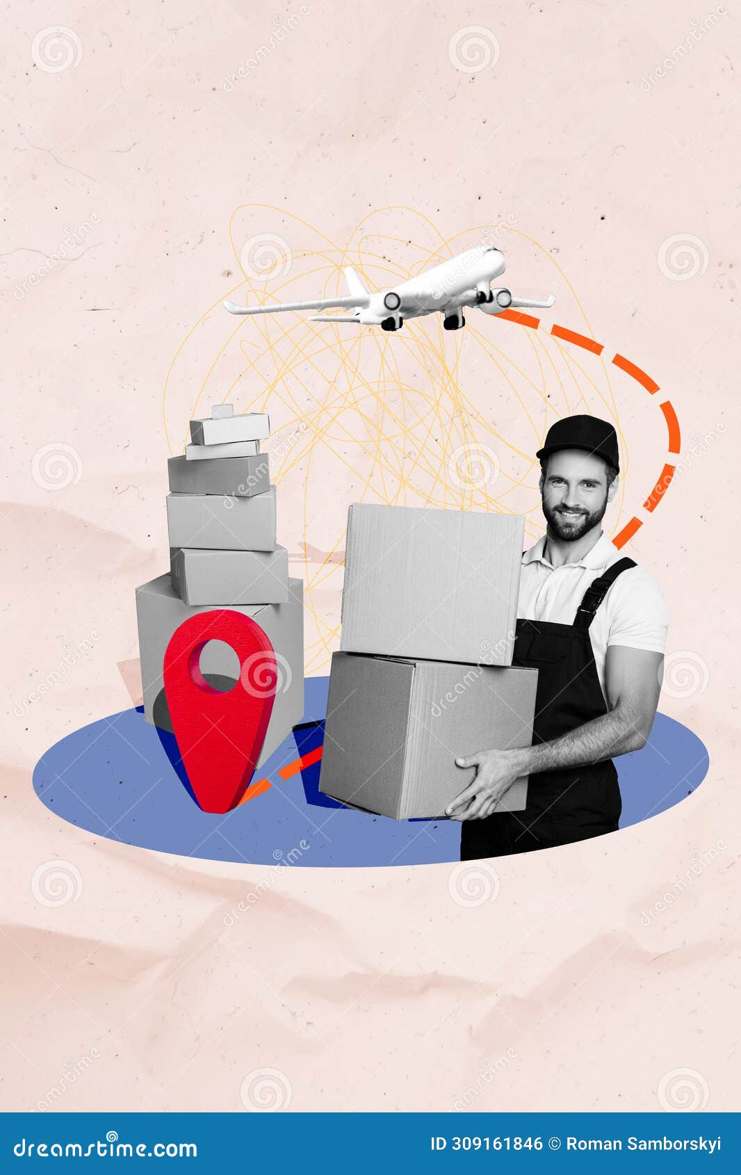 Vertical Collage Image of Black White Effect Courier Guy Hold Shipment ...