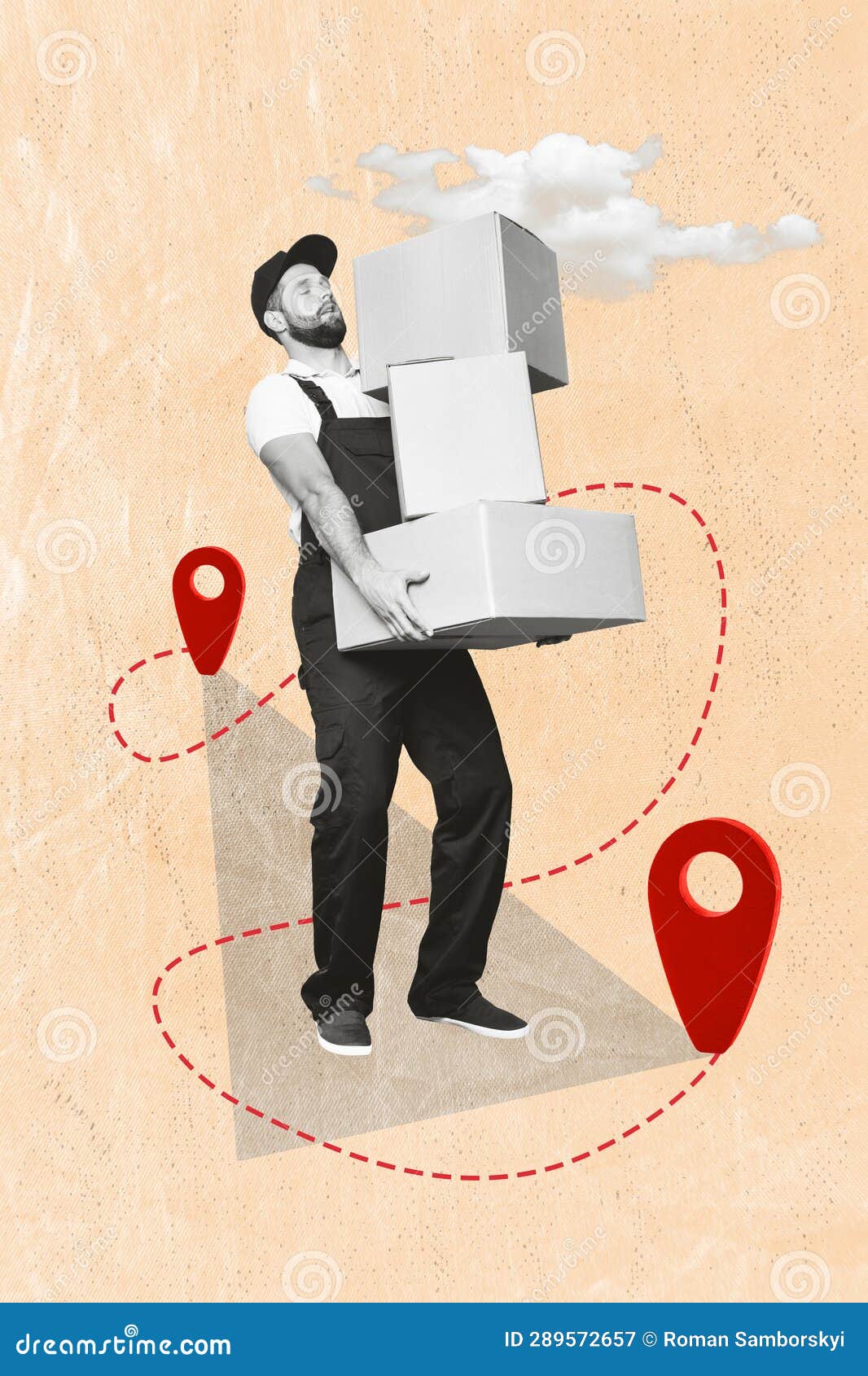 Vertical Collage Image of Black White Effect Courier Man Hold Pile ...