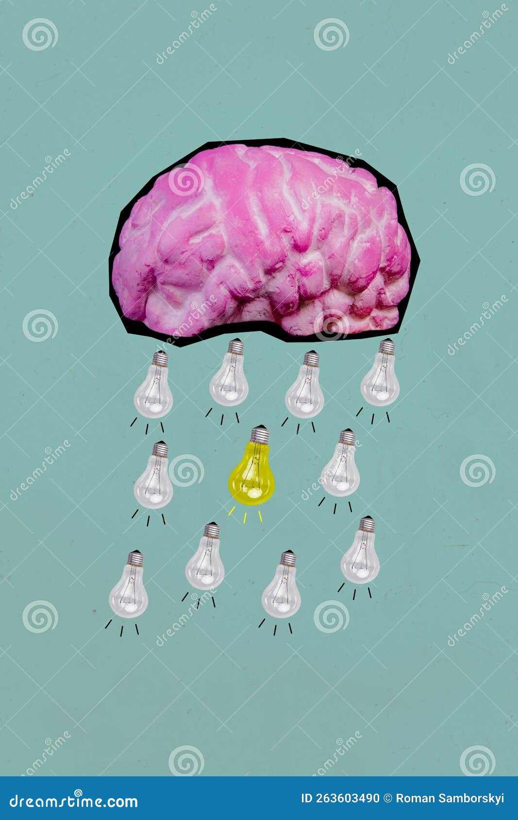 Vertical Collage Image of Brain Mini Light Bulbs Rain Bright Creative ...