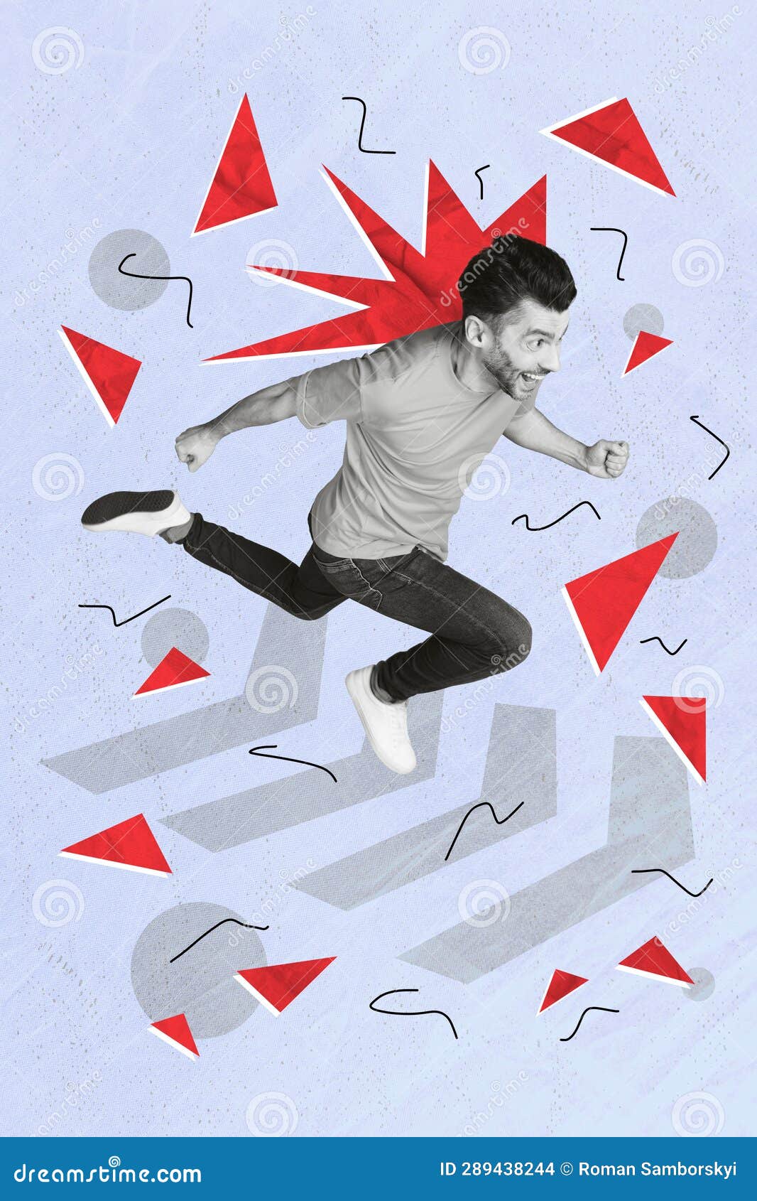 Vertical Collage Image of Cheerful Black White Effect Guy Running Fast ...