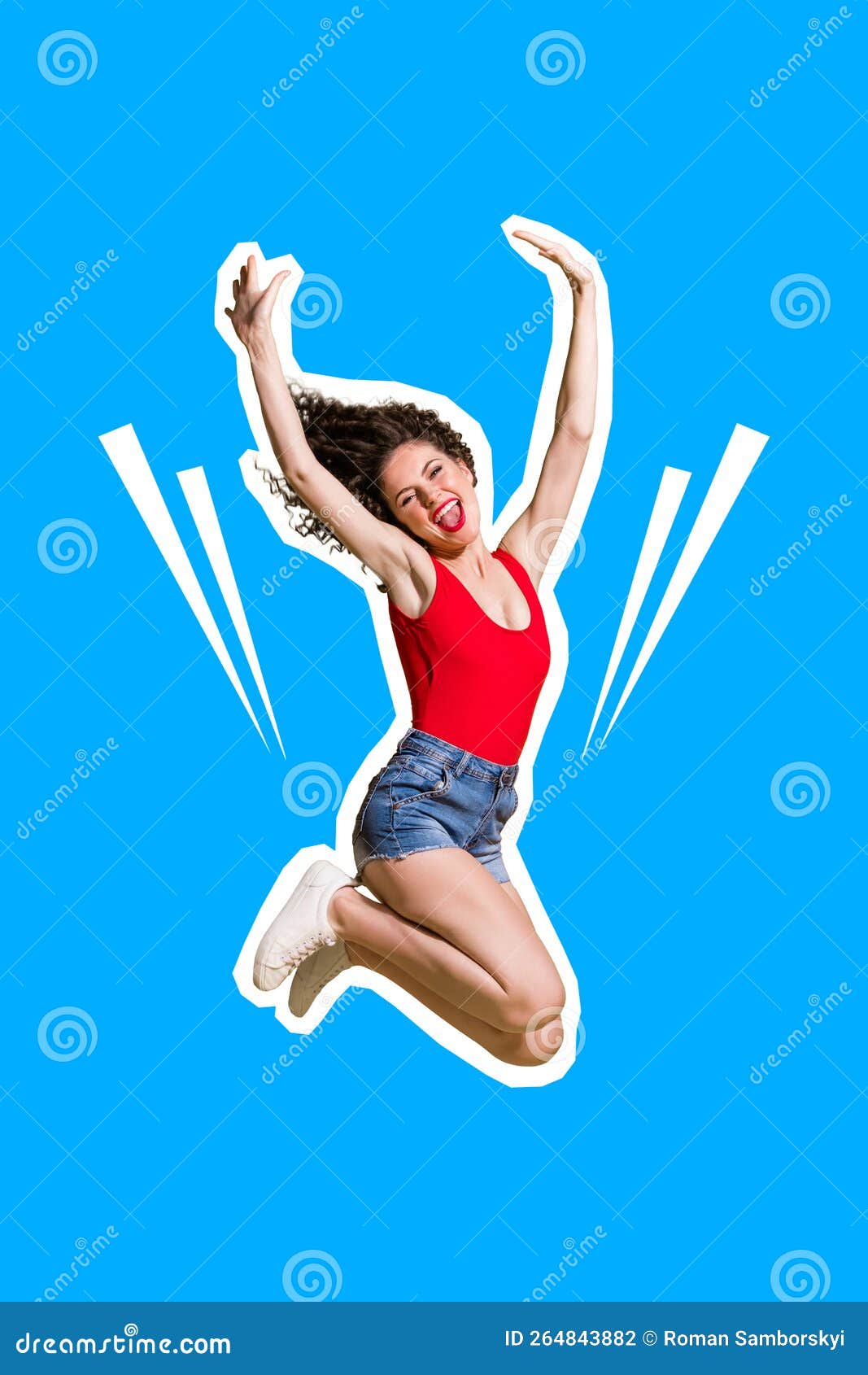 Vertical Collage Image Of Cheerful Carefree Girl Raise Arms Jumping