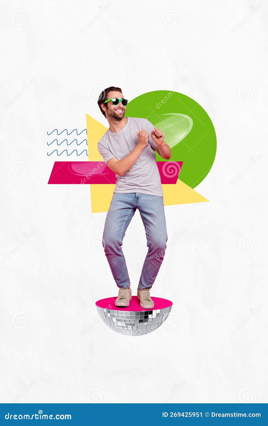 Vertical Collage Image of Cheerful Overjoyed Guy Stand Half Disco Ball ... Vertical Collage Image of Cheerful Overjoyed Guy Stand Half Disco Ball ...