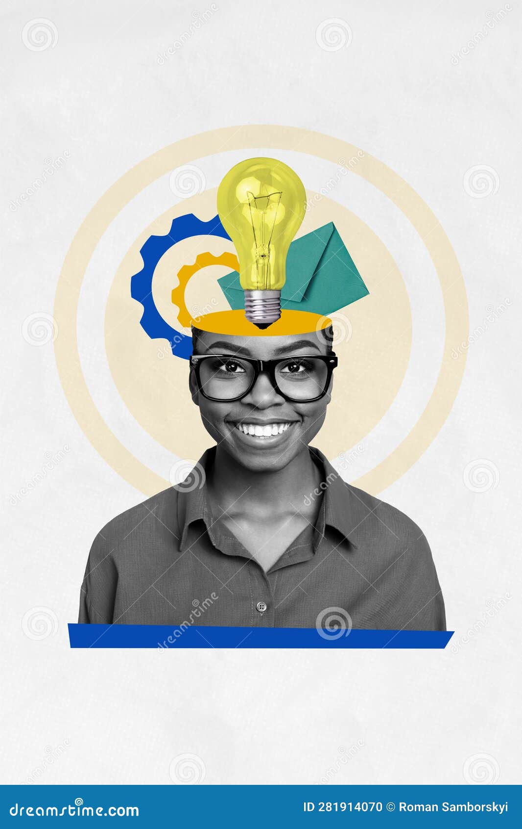 Vertical Collage Image 3d Artwork of Smiling Successful Woman Solving ...