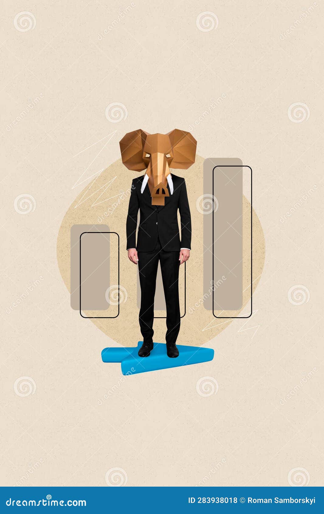 Vertical Collage Image of Elegant Costume Man Elephant Head Stand Arrow ...