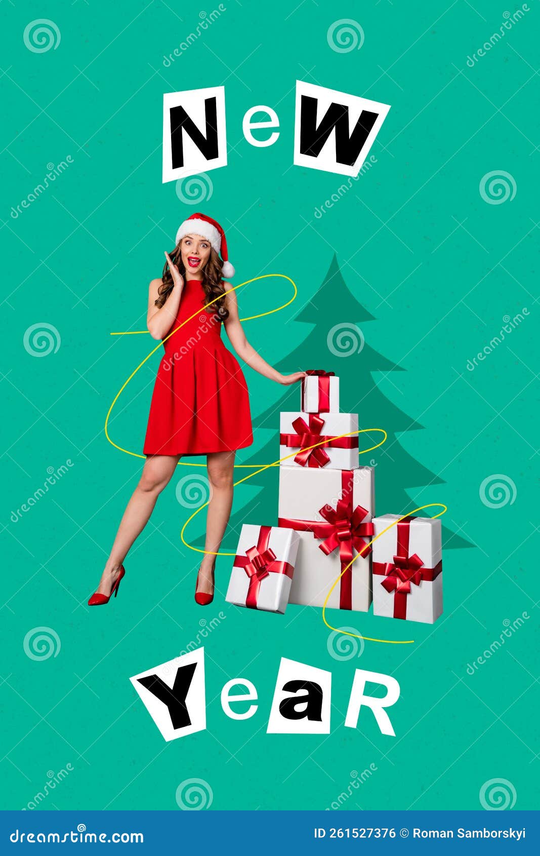 Vertical Collage Image Of Excited Impressed Girl Wear Red Dress Pile