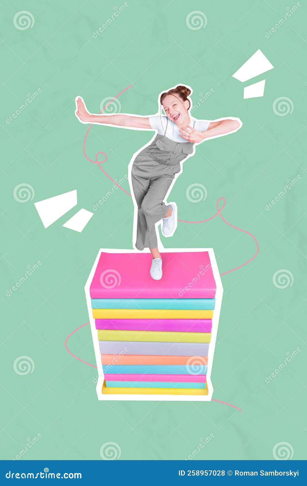Vertical Collage Image of Excited Overjoyed Girl Dance Pile Stack Book ...
