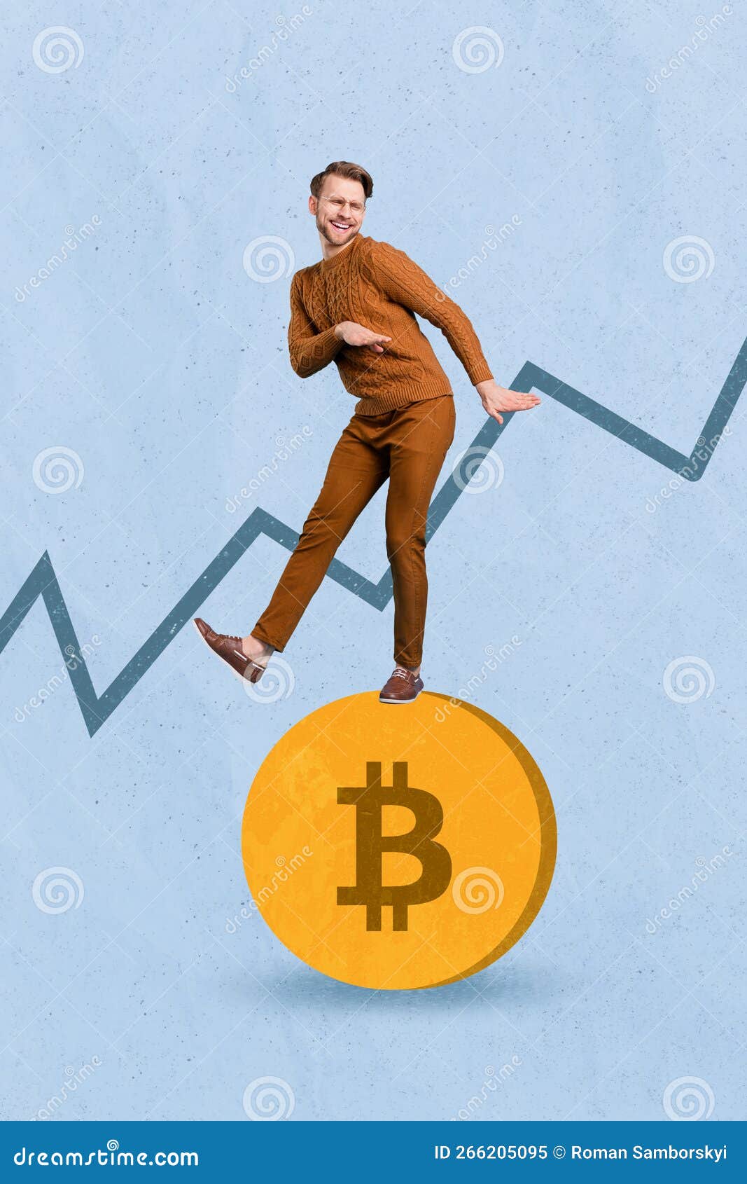 Vertical Collage Image of Excited Positive Small Guy Stand Big Bitcoin Dancing Isolated on ...