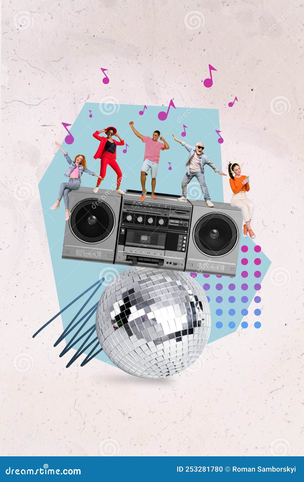 Vertical Collage Image of Group Small People Enjoy Dancing Big Boom Box ...