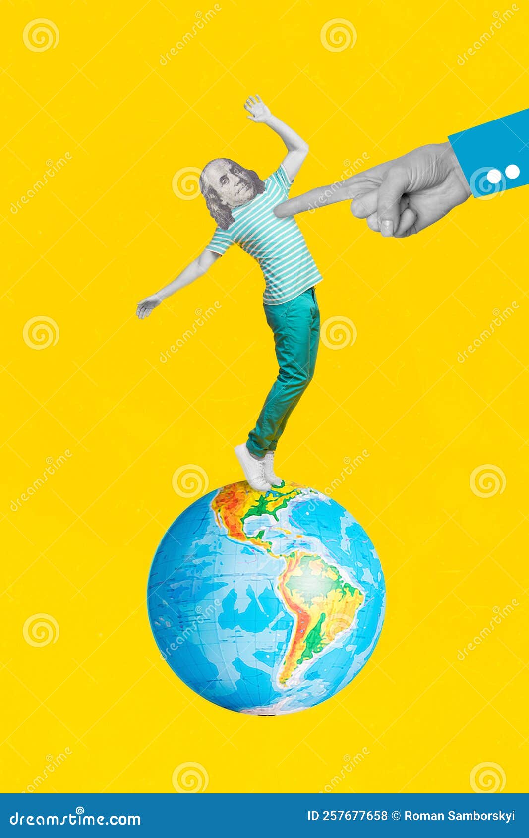 Vertical Collage Image of Huge Human Arm Finger Push Point Mini Guy ...