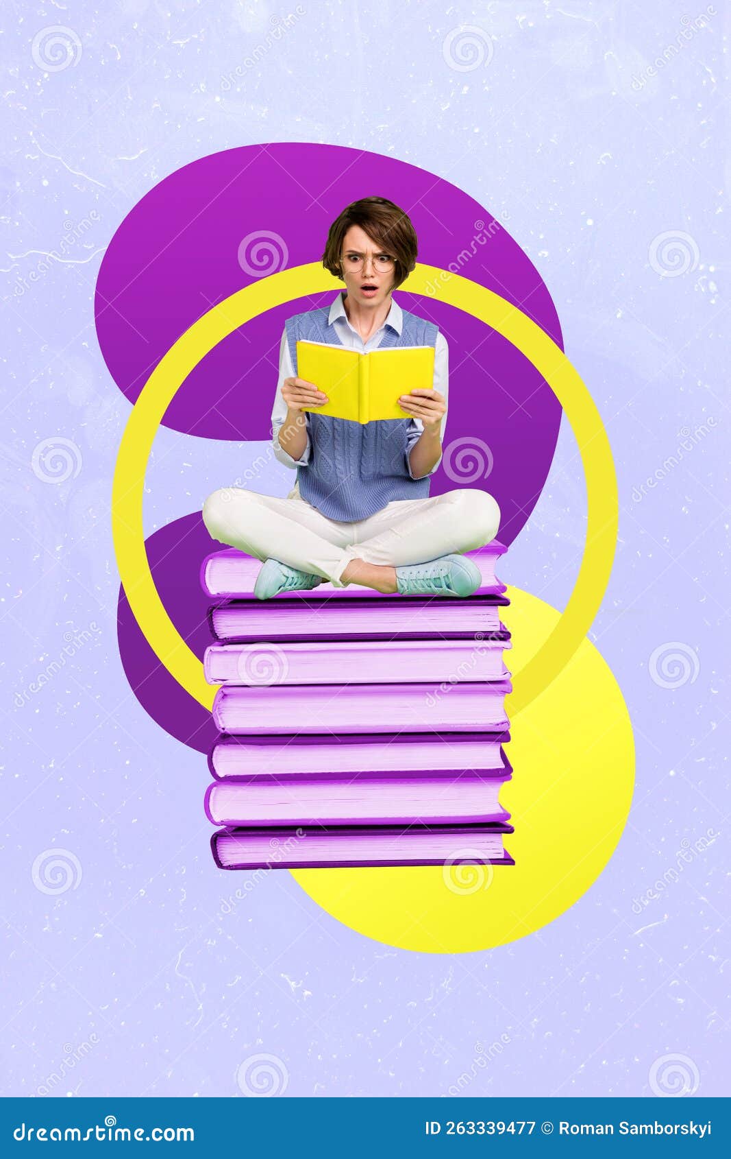 Vertical Collage Image of Impressed Small Girl Sitting Big Pile Stack ...