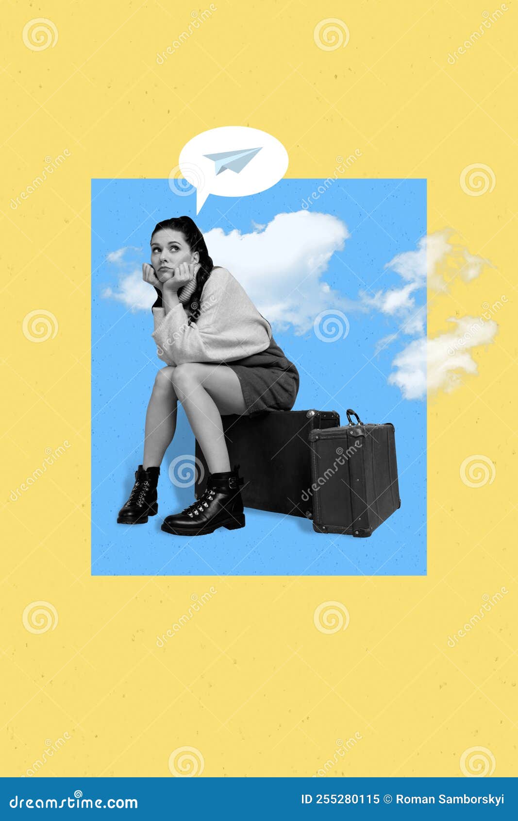 Vertical Collage Image of Minded Miserable Girl Black White Effect Sit ...
