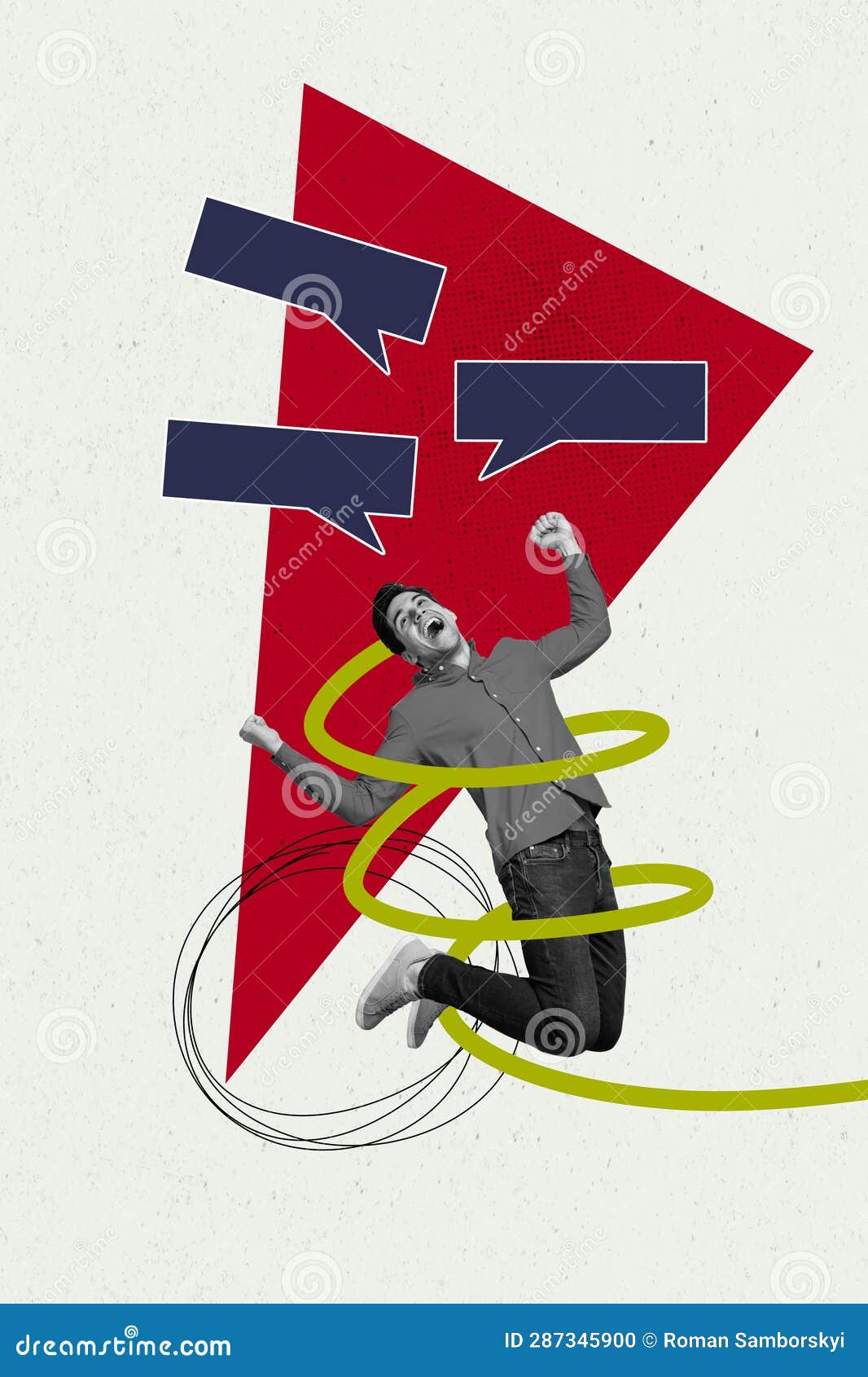 Vertical Collage Image of Overjoyed Black White Effect Guy Jumping ...