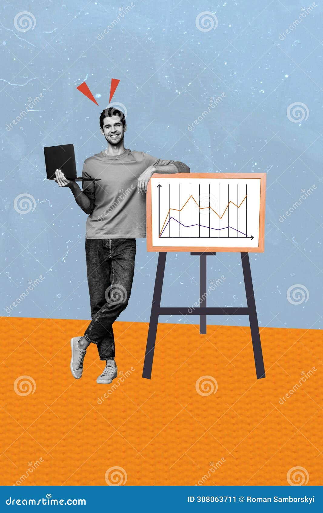 Vertical Collage Image of Positive Black White Effect Guy Hold Laptop ...
