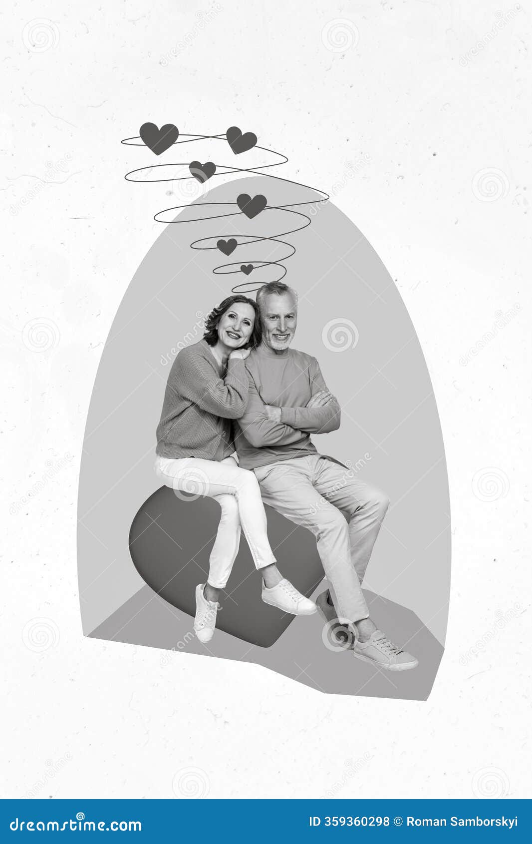 Vertical Collage Image of Two Idyllic Aged People Cuddle Drawing Hearts ...