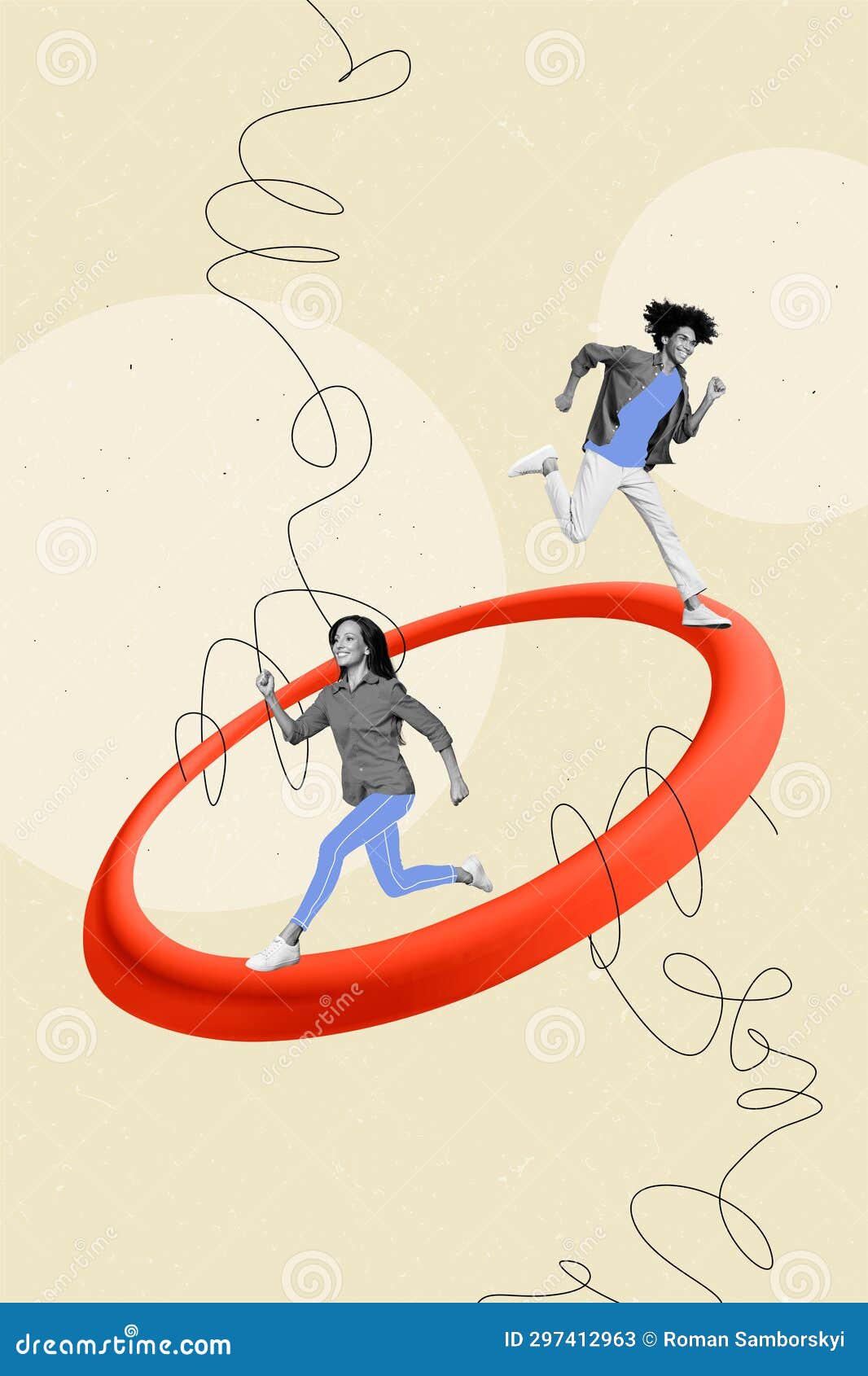 Vertical Collage Image of Two Positive Black White Effect People Running Endless Circle Cycle ...