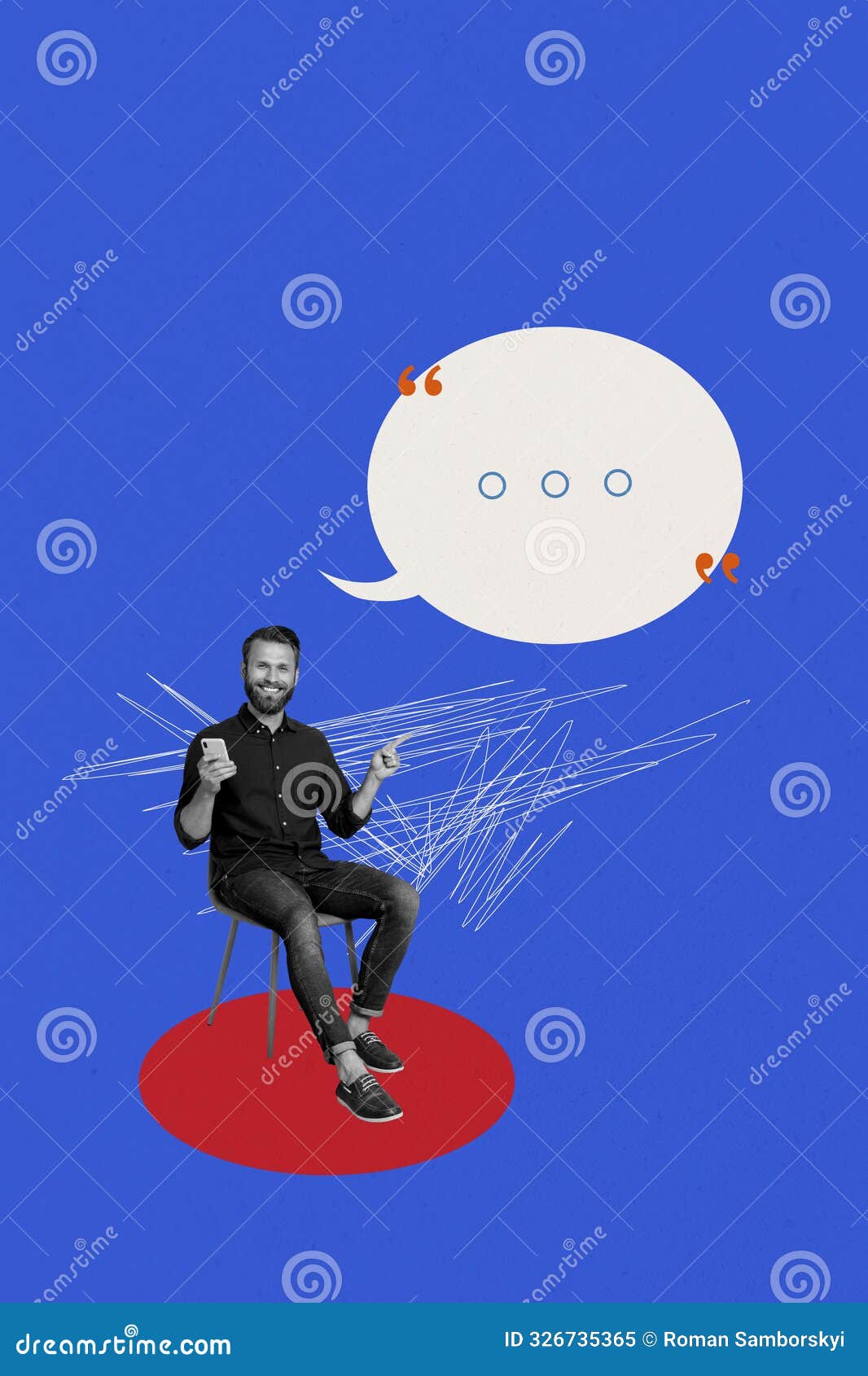 Vertical Collage Image Young Cheerful Man Sit Point Finger Textbox ...