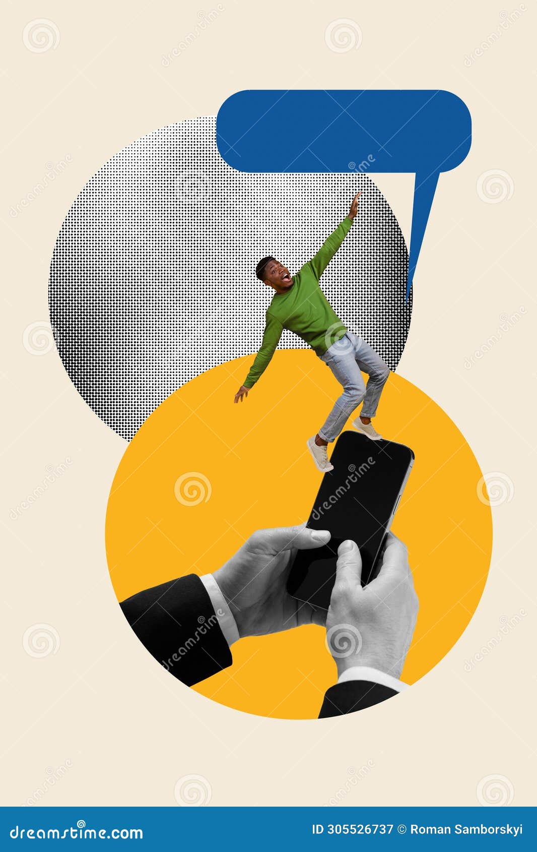 Vertical Collage Image Young Funny Male Stand Smartphone Textbox Online ...