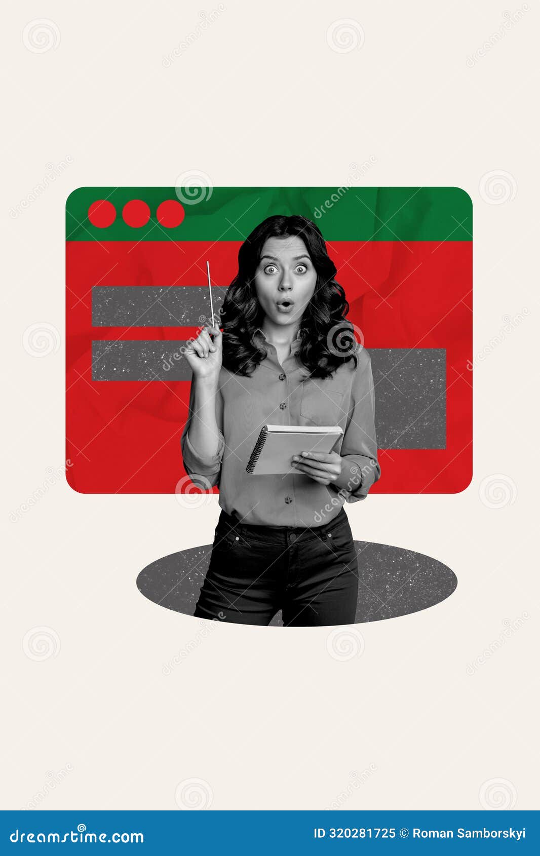 Vertical Collage Image Young Woman Has Idea Eureka Smart Thought Plan Interface Project ...