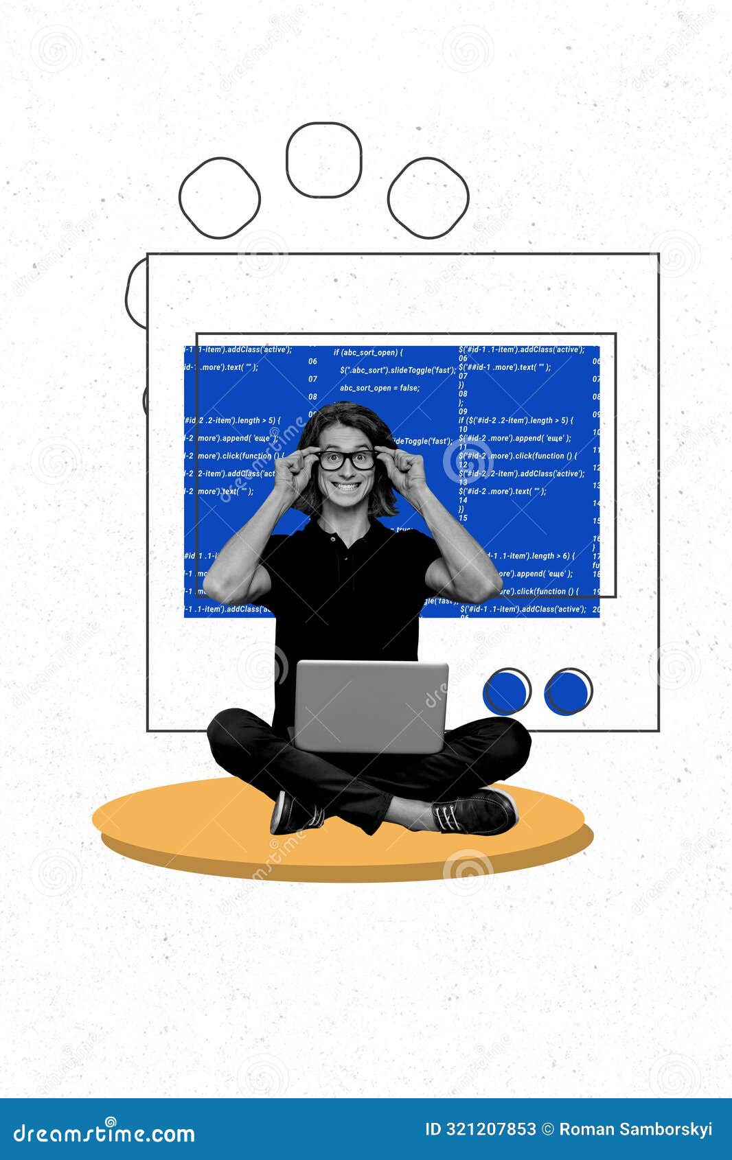 Vertical Collage Picture Young Cheerful Man Nerd Computer Science Student Programmer Code Script ...